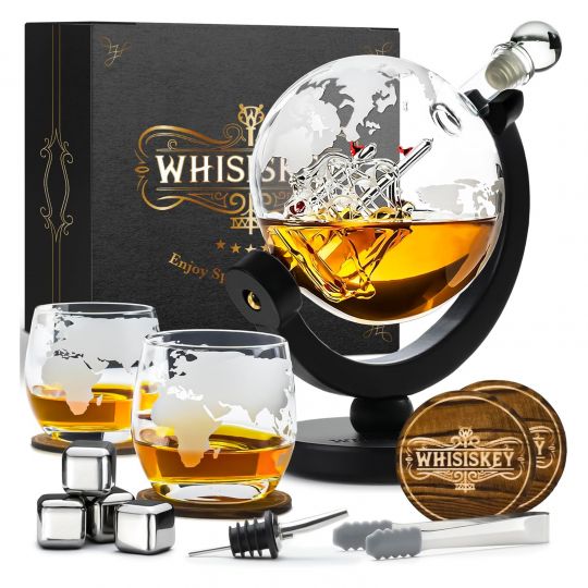 Globus Whiskykaraffe mit Segelschiff sowie reichlich Zubehör | fancy gifts